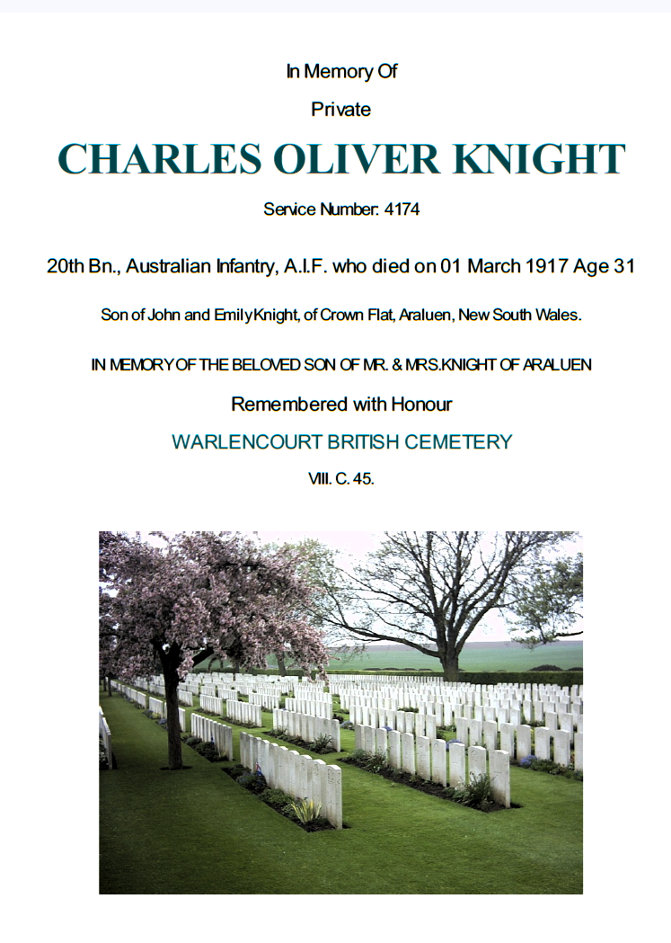 Charles Oliver Knight – (1885 – 1917) - Araluen Valley History