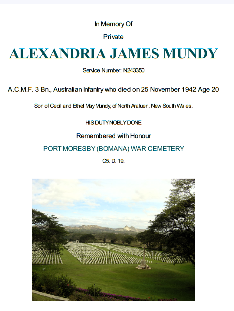 Alexandria (Alick) James Mundy (1922–1942) - Araluen Valley History